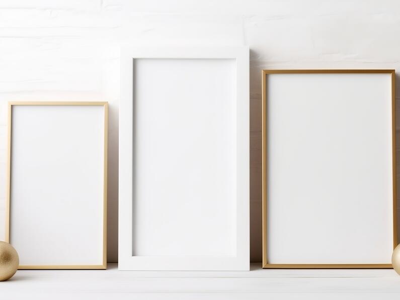Download Empty White Frames and Gold Spheres on White Background ...