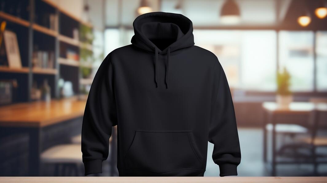 Download Black Hoodie on a Wooden Table with Bookshelves in the ...