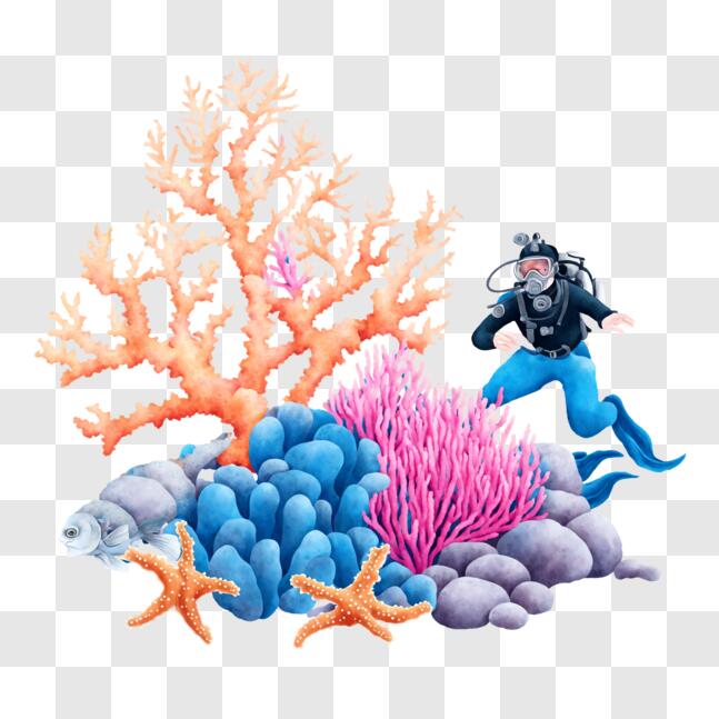 Download Scuba Diver Exploring Coral Reefs in the Ocean PNGs Online ...