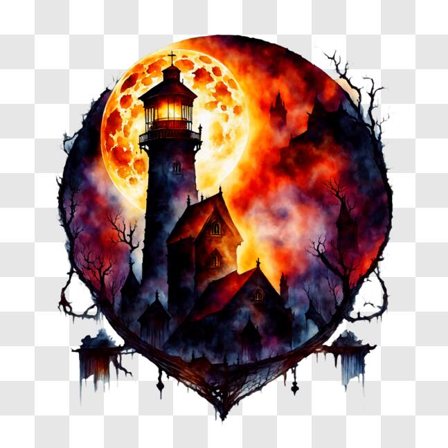 Download Haunted Lighthouse Painting with Full Moon PNGs Online ...