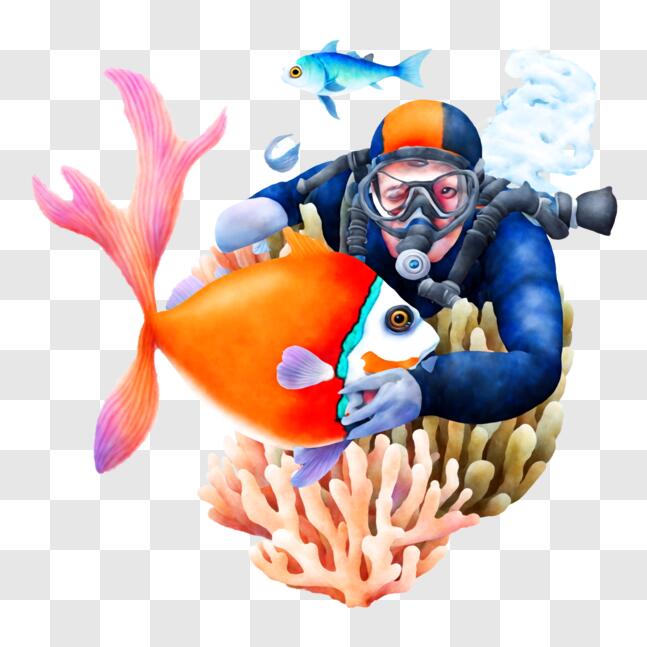 Download Scuba Diver Holding Orange Fish Underwater PNGs Online ...