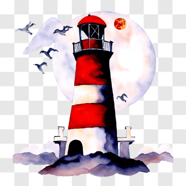 Download Red and White Lighthouse with Full Moon in the Background PNGs ...