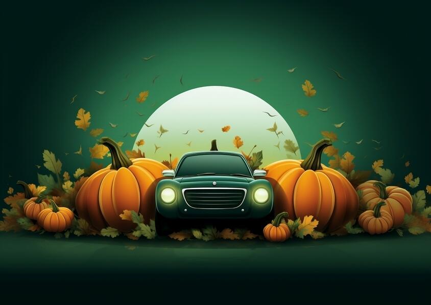 Download Green Car Surrounded by Pumpkins and Fall Foliage Backgrounds ...