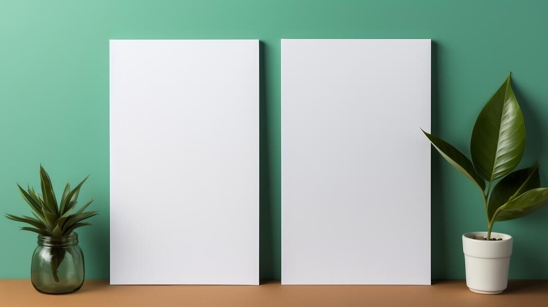 Download Blank White Boards with Potted Plant on Green Background ...