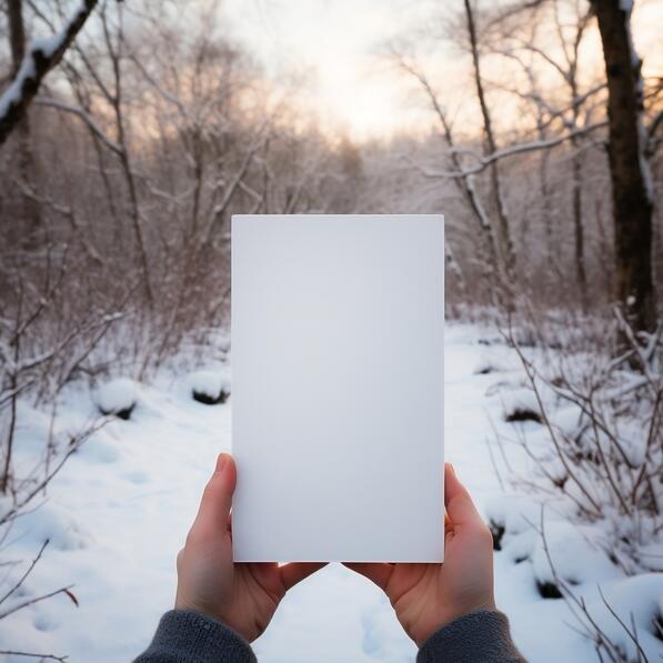 Download Person Holding Blank White Paper in Snowy Forest Mockups ...