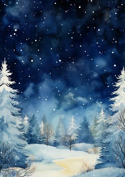 Download Winter Watercolor Painting with Snowy Trees and Illuminated ...