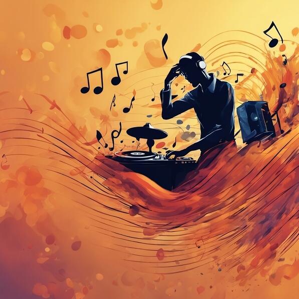 Download Abstract DJ playing music with colorful notes and swirls ...