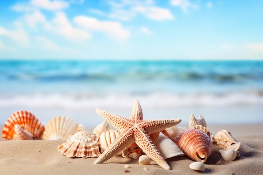 Download Beach Scene with Various Shells and Starfish Backgrounds ...
