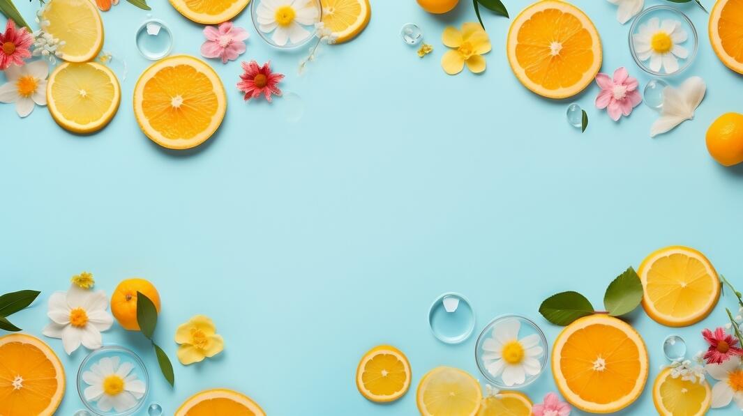 Download Arrangement of Citrus Fruits and Flowers on a Blue Background ...