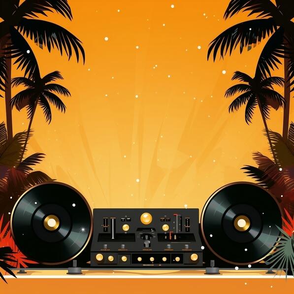Download DJ equipment set up with palm trees on orange background ...