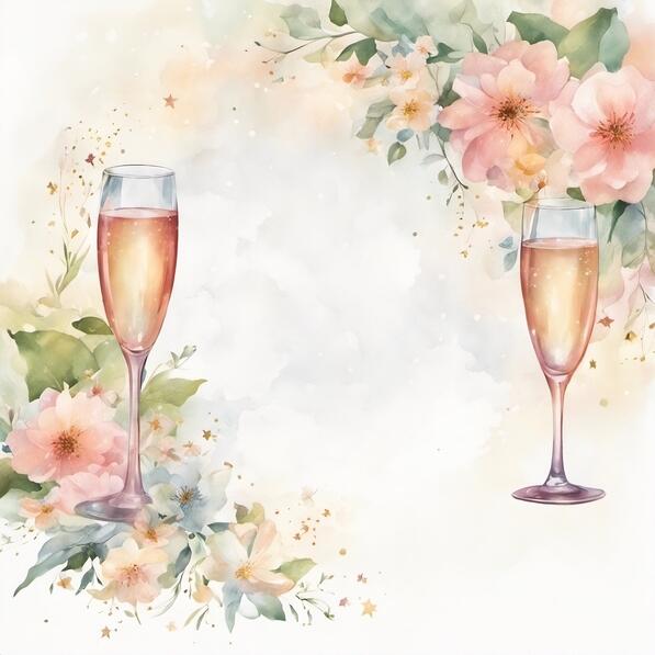 Download Watercolor Champagne Glasses and Pink Flowers Background ...