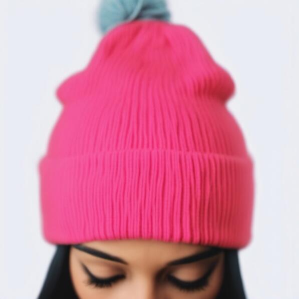 Download Young woman wearing pink beanie hat with blue pom-poms Mockups ...