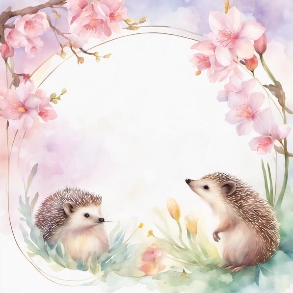 Download Cute Hedgehogs In Watercolor Background With Pink Blossoms And