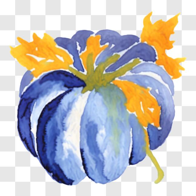 Download Blue Pumpkin with Watercolor Painting and Fall Leaves PNGs ...