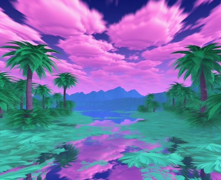 Download Pink and Purple Landscape with Palm Trees and Mountains ...