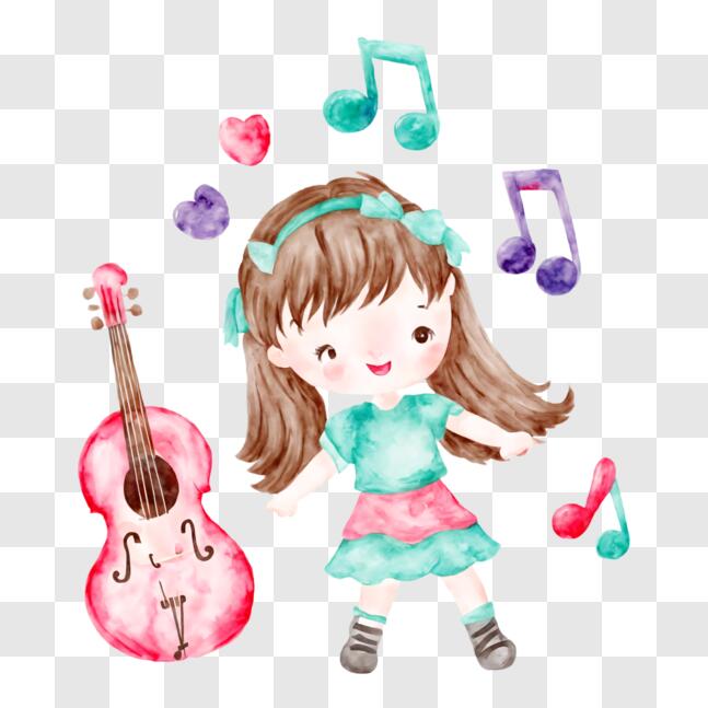 Download Cartoon Girl Playing Guitar and Singing Along to Music Notes ...
