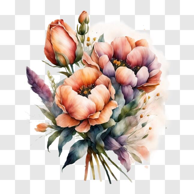 Download Watercolor Flower Bouquet in Shades of Pink, Orange, and ...