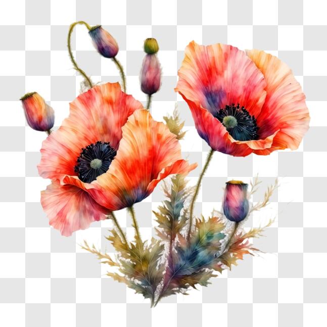Download Watercolor Painting of Red and Orange Poppy Flowers PNGs ...