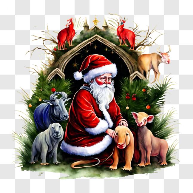 Download Santa Claus and Animals in a Christmas Nativity Scene PNGs ...