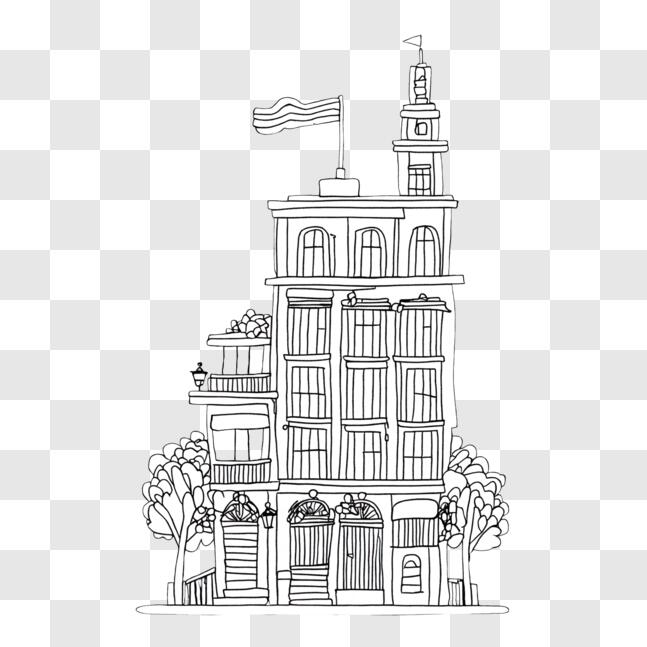 Download Black and White Hand Drawn Building with American Flag PNGs ...