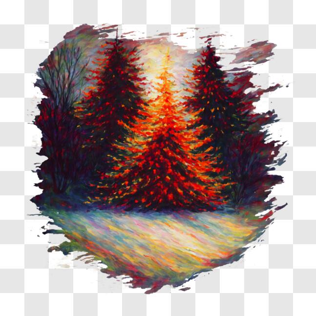 Download Winter Landscape Painting with Red Pine Trees in the Snow PNGs ...