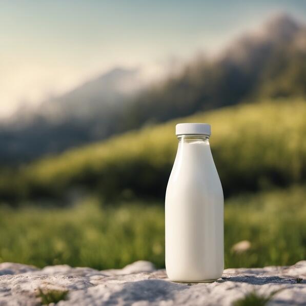 Download White Milk Bottle on Green Grass with Mountains Mockups Online ...