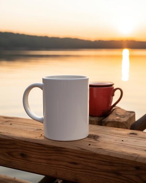 Download Coffee Mugs on Wooden Bench with Sunset Mockups Online ...