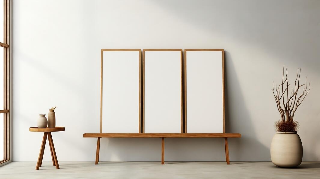 Download Empty Room with Wooden Bench and Blank Wall Panels Mockups ...