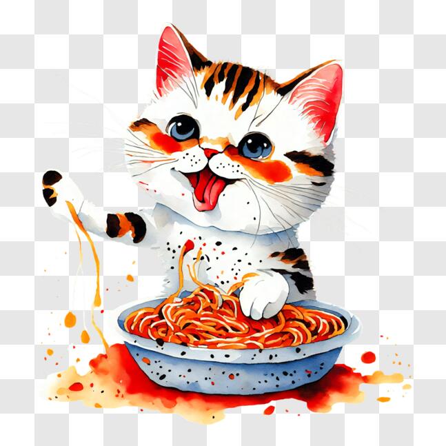 Download Cartoon Cat Eating Spaghetti PNGs Online - Creative Fabrica