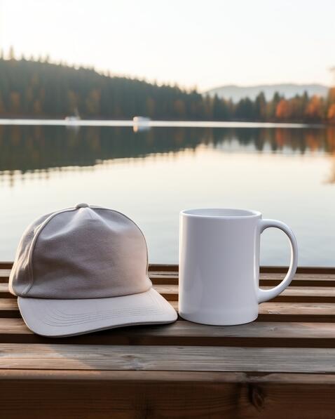 Download Coffee Mug and Baseball Cap on Wooden Bench near a Lake ...