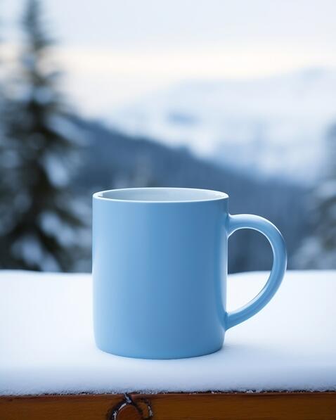 Download Blue Coffee Mug on Snow-Covered Railing with Trees and ...