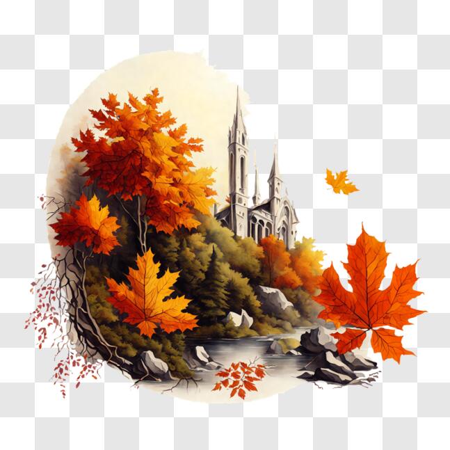 Download Autumn Scene Painting with Trees, Leaves, and Buildings PNGs ...