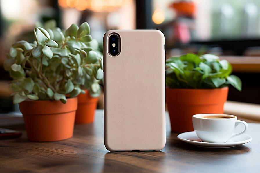 Download Table with iPhone Case, Coffee Cups, and Potted Plants Mockups ...