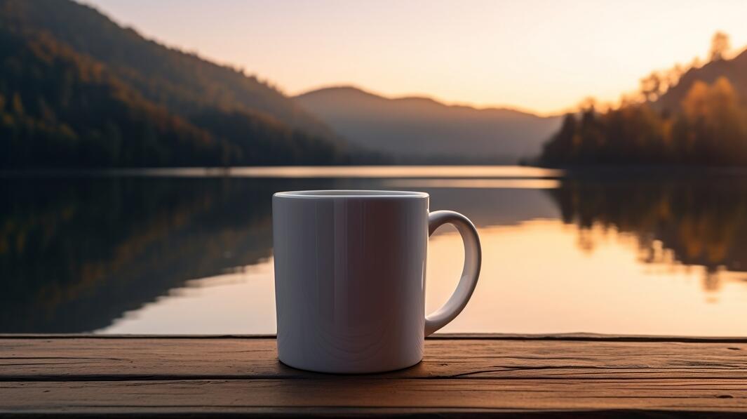 Download White Coffee Mug on Outdoor Wooden Deck with Lake and ...