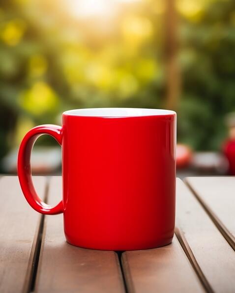 Download Red Coffee Mug on Wooden Table with Sunlight Mockups Online ...