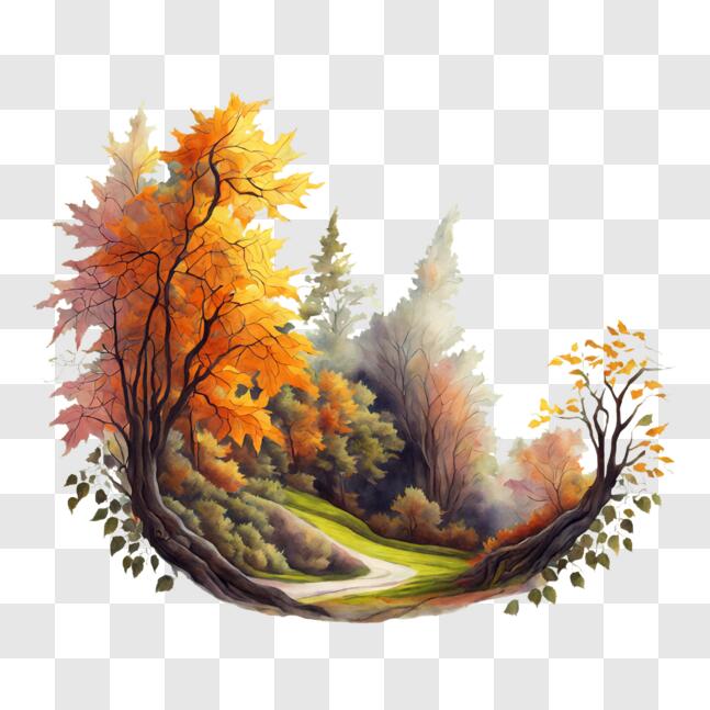 Download Autumn Forest Painting with Path and Fall Foliage PNGs Online ...
