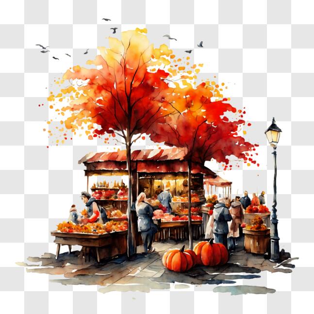 Download Colorful Fall Market Scene with Pumpkins and People PNGs ...