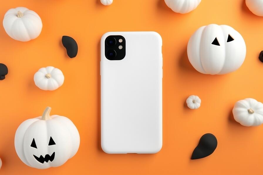 Download Halloween Phone and Pumpkins on Orange Background Mockups ...