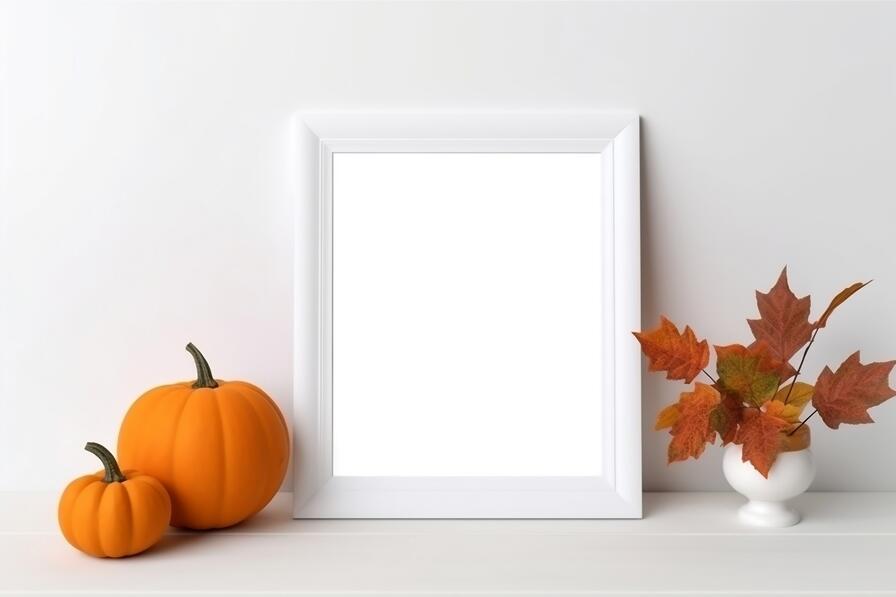 Download White Frame and Autumn Decorations on a Wooden Table Mockups ...