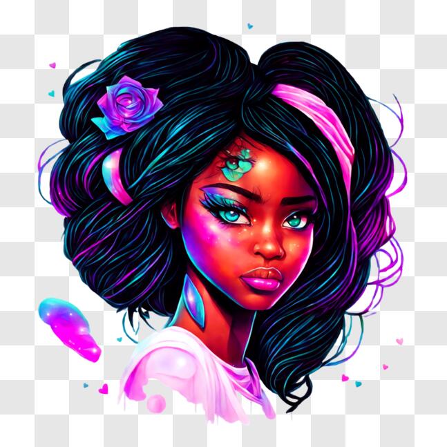 Download Digital Art Illustration Of A Black Woman With Neon Hair And Pink Roses Pngs Online