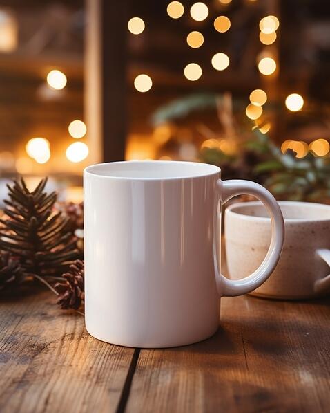 Download White Coffee Mug with Cups and Pine Cones on Wooden Table ...