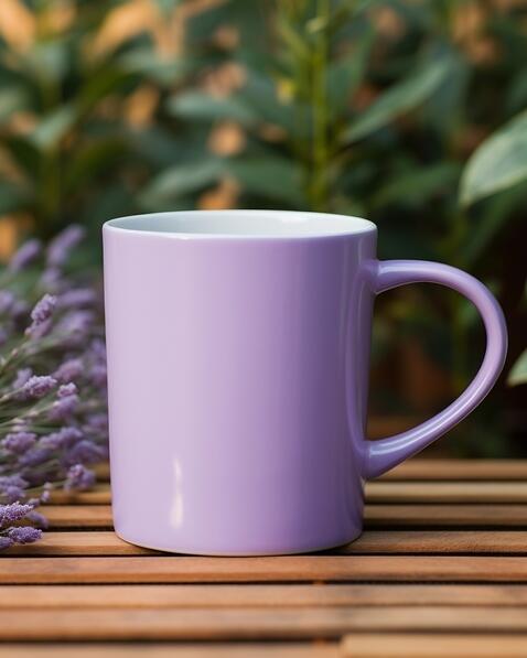 Download Purple Coffee Mug with Lavender Plants on a Wooden Table ...
