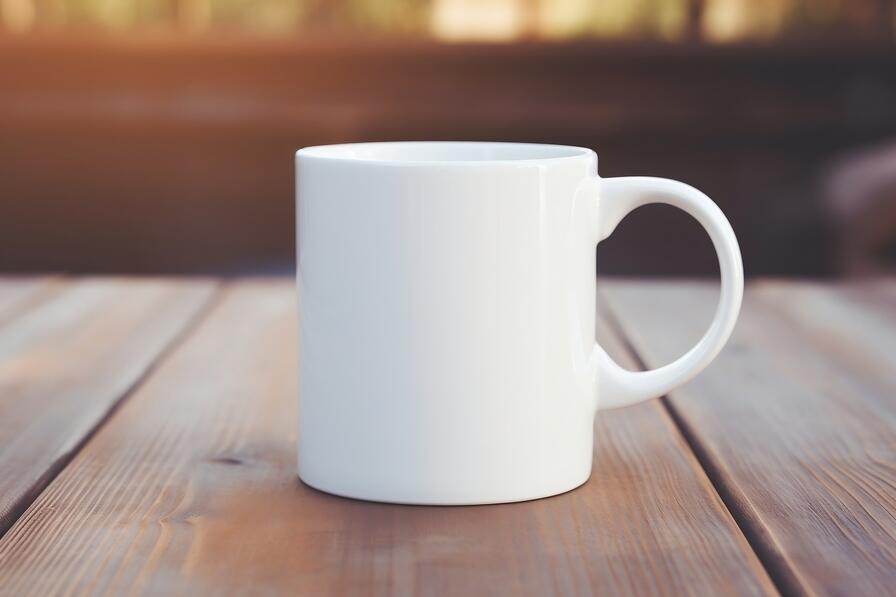 Download Empty White Coffee Mug on Outdoor Wooden Table Mockups Online ...