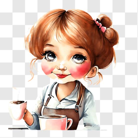 Download Cartoon Girl Drinking Coffee and Enjoying Meal PNG Online ...