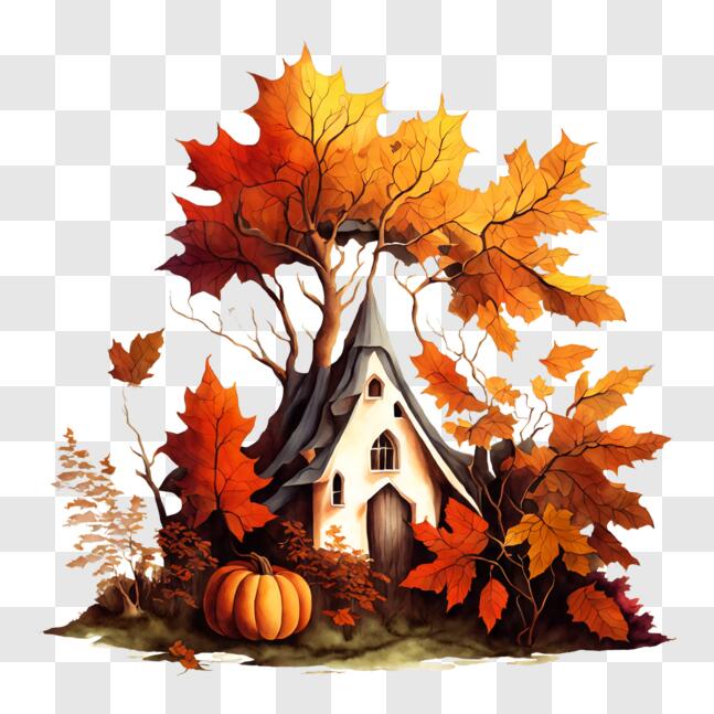 Download Autumn House in the Woods with Fall Colored Leaves and ...
