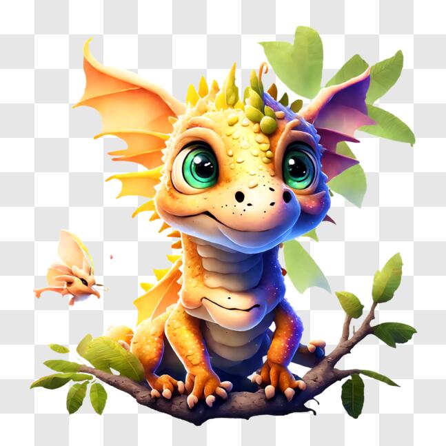 Download Adorable Small Yellow Dragon Sitting on Oak Tree Branch PNGs ...