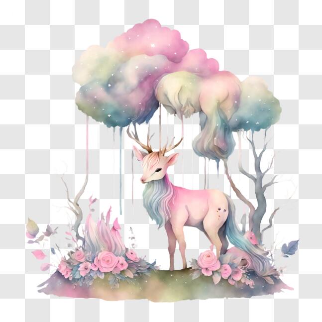Download Pink Deer in the Forest with Flowers and Clouds PNGs Online ...