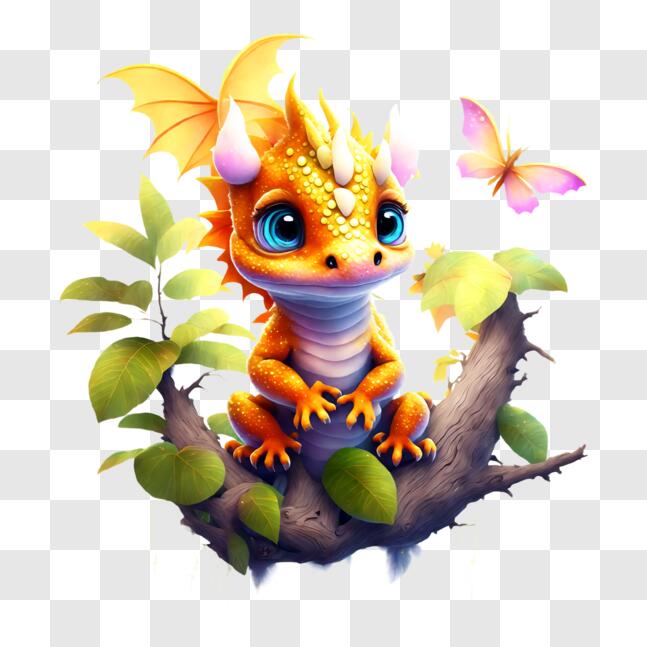 Download Cute Dragon Sitting on a Branch with Butterflies and Flowers ...