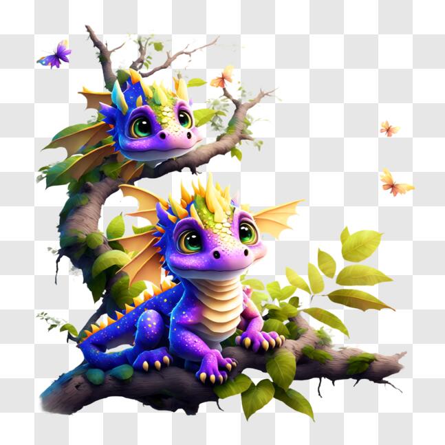 Download Two Purple Dragons on a Tree Branch PNGs Online - Creative Fabrica