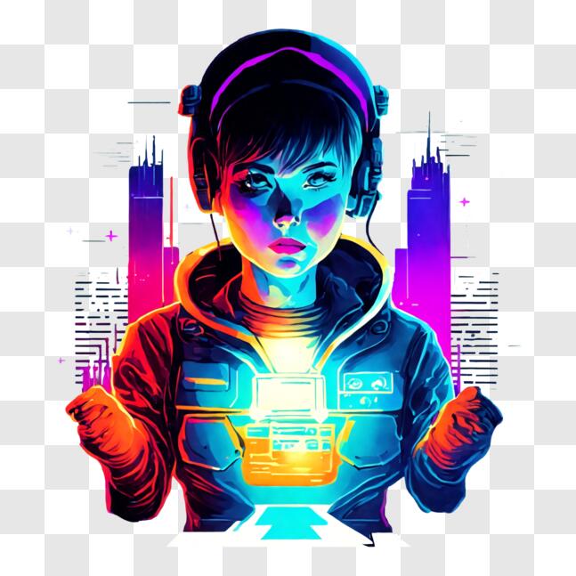 Download Retro Digital Artwork: Girl Holding Electronic Device PNGs ...
